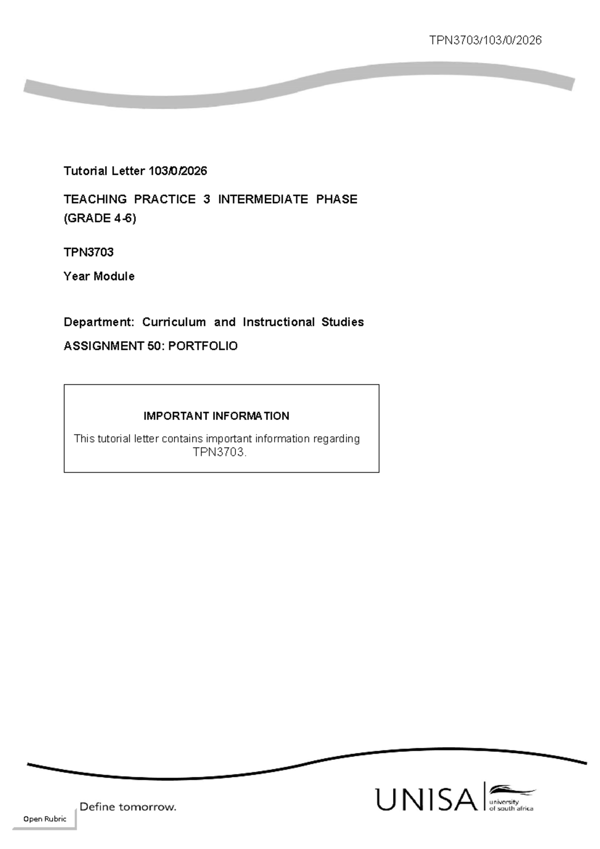 TPN3703: Teaching Practice 3 Portfolio Guidelines and Important Info ...