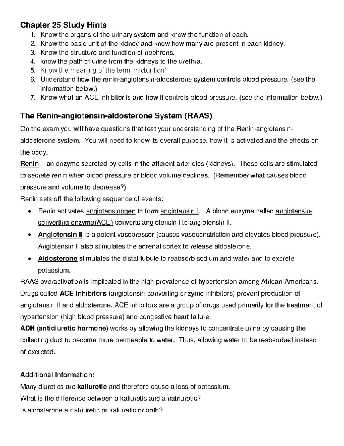 Chapter 25 (BIO 101) Urinary System & RAAS Study Hints - Studocu