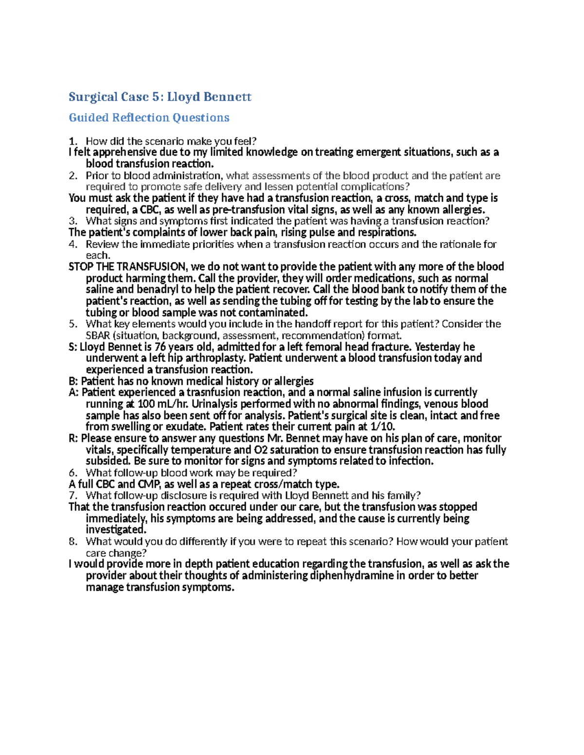 Surgical Case Study 5: Lloyd Bennett Transfusion Reaction Reflection ...