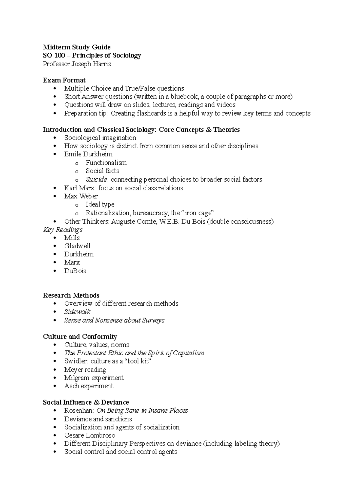 Midterm Study Guide SO 100: Principles of Sociology by Prof. Harris ...