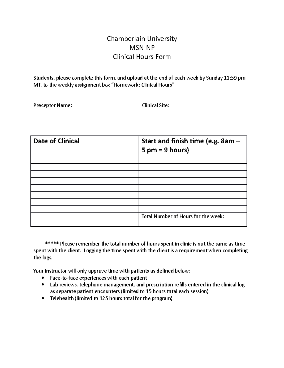 MSN-NP Clinical Hours Submission Form for Weekly Logging - Studocu