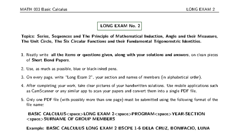 MATH 003 Basic Calculus LONG EXAM 2: Series, Sequences & Trigonometry ...