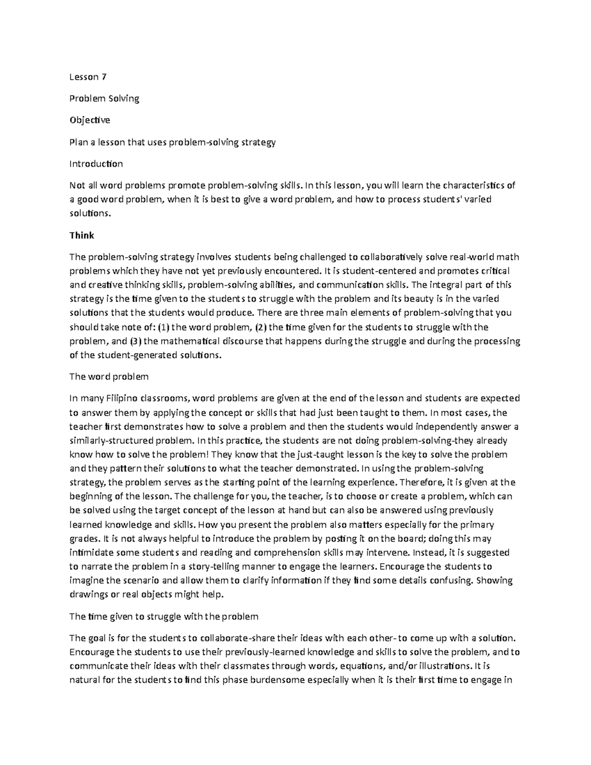 Teaching Math in Intermediate Grades - Lesson 7: Problem Solving Strategies - Studocu