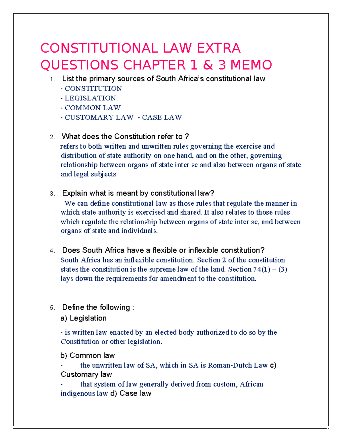 Constitutional Law Extra Questions & Memo for Chapters 1 & 3 - Studocu