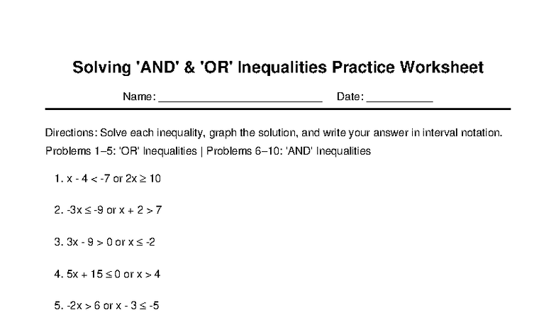 And/Or Inequalities Practice Worksheet with Answers - Studocu