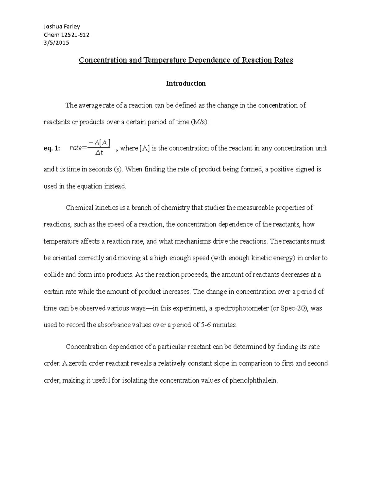 Concentration and Temperature Dependence of Reaction Rates - Chem 1252L ...