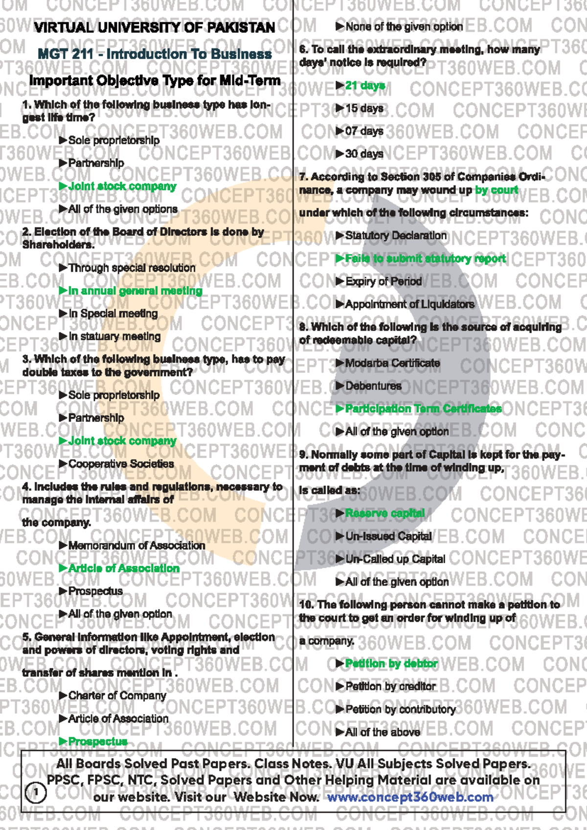 MGT-211 Mid-Term Objective Solved Papers and Class Notes - Studocu