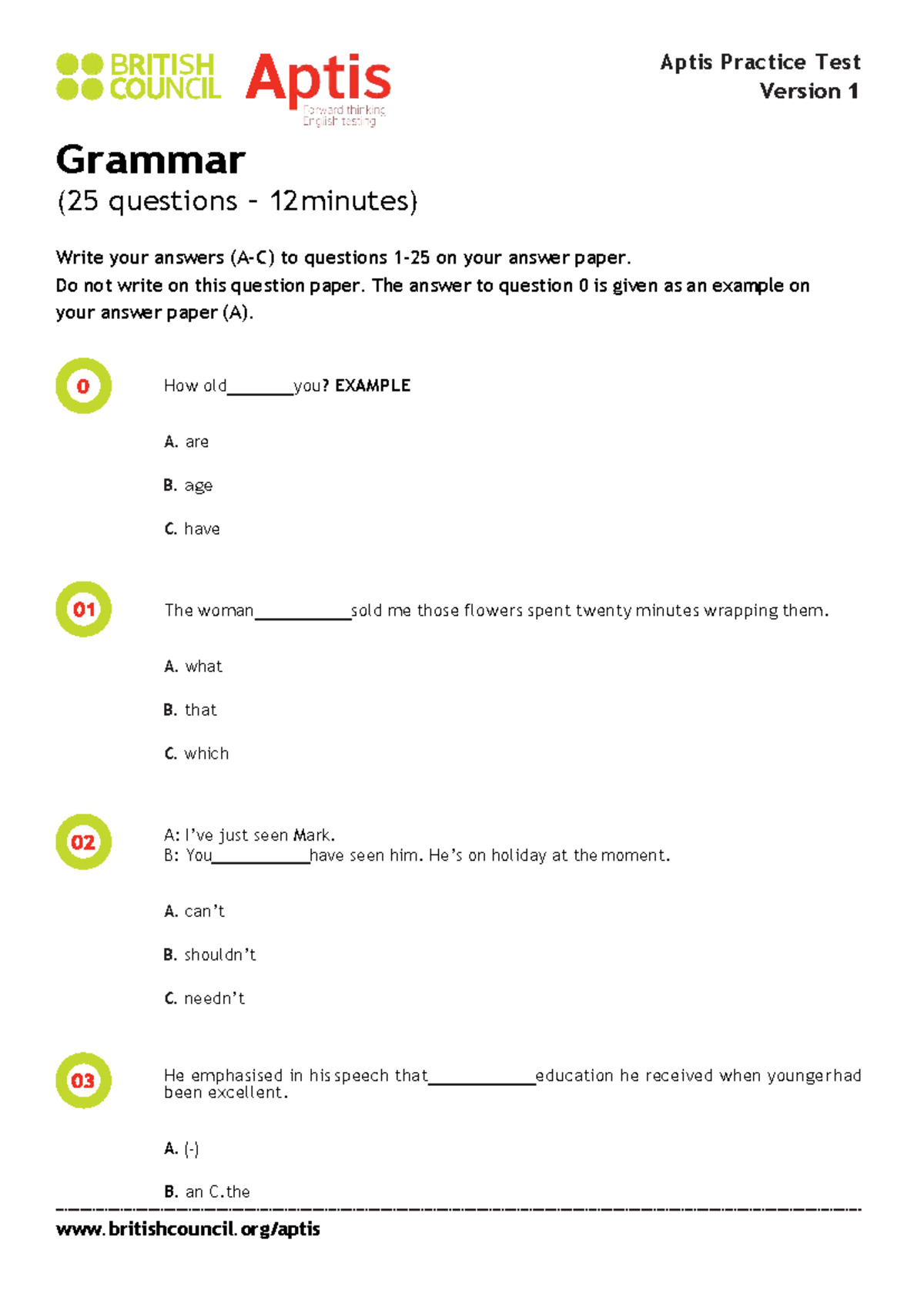Aptis Practice Test Version 1: Grammar Questions (25 Items) - Studocu