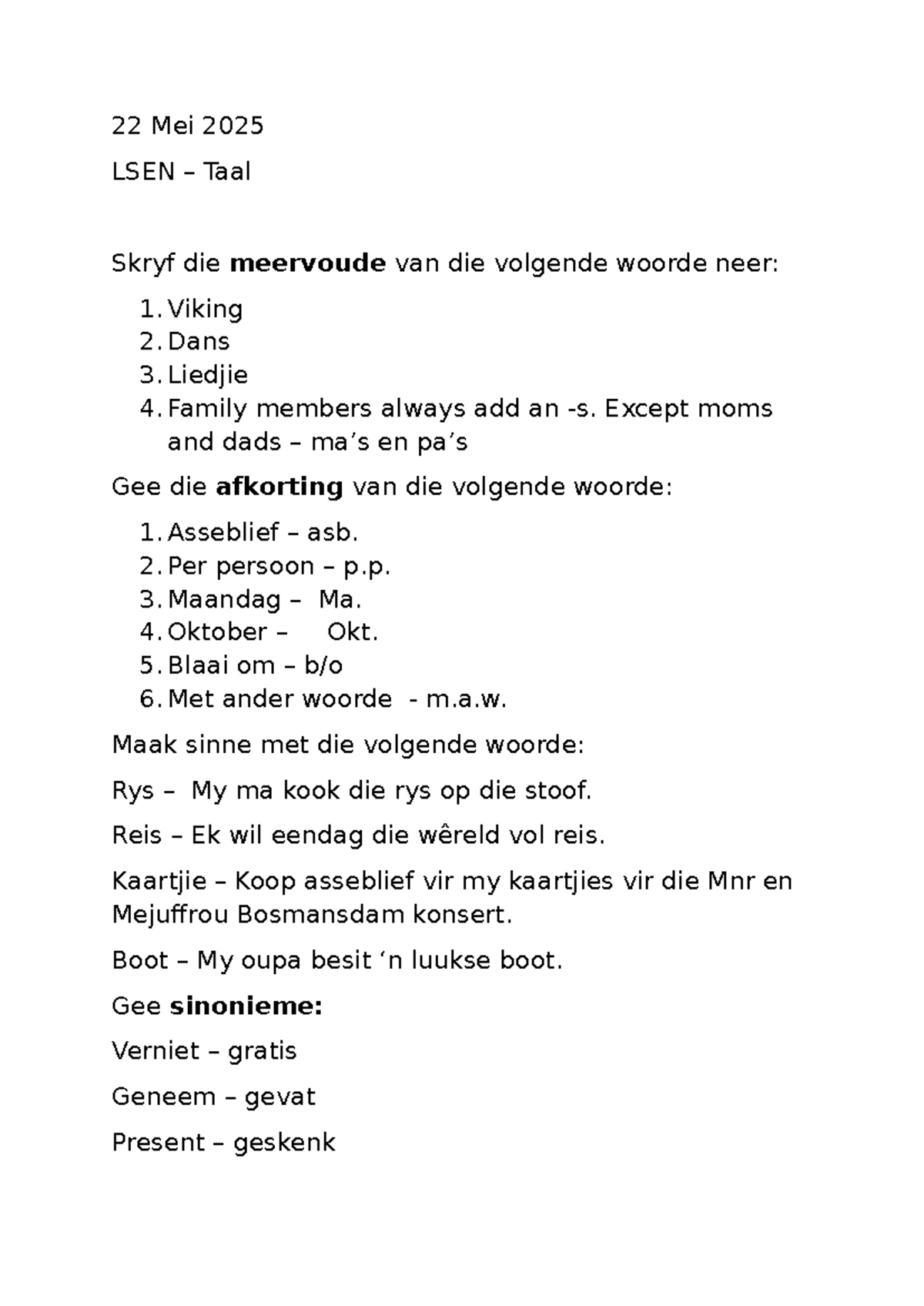 Graad 9 Taal - Meervoude, Afkortings en Sinonieme Notas - Studocu