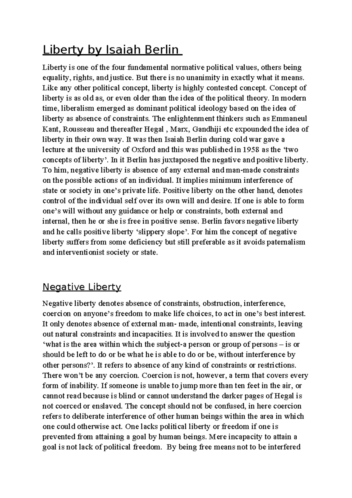 Liberty by Isaiah Berlin My notes - Liberty by Isaiah Berlin Liberty is ...