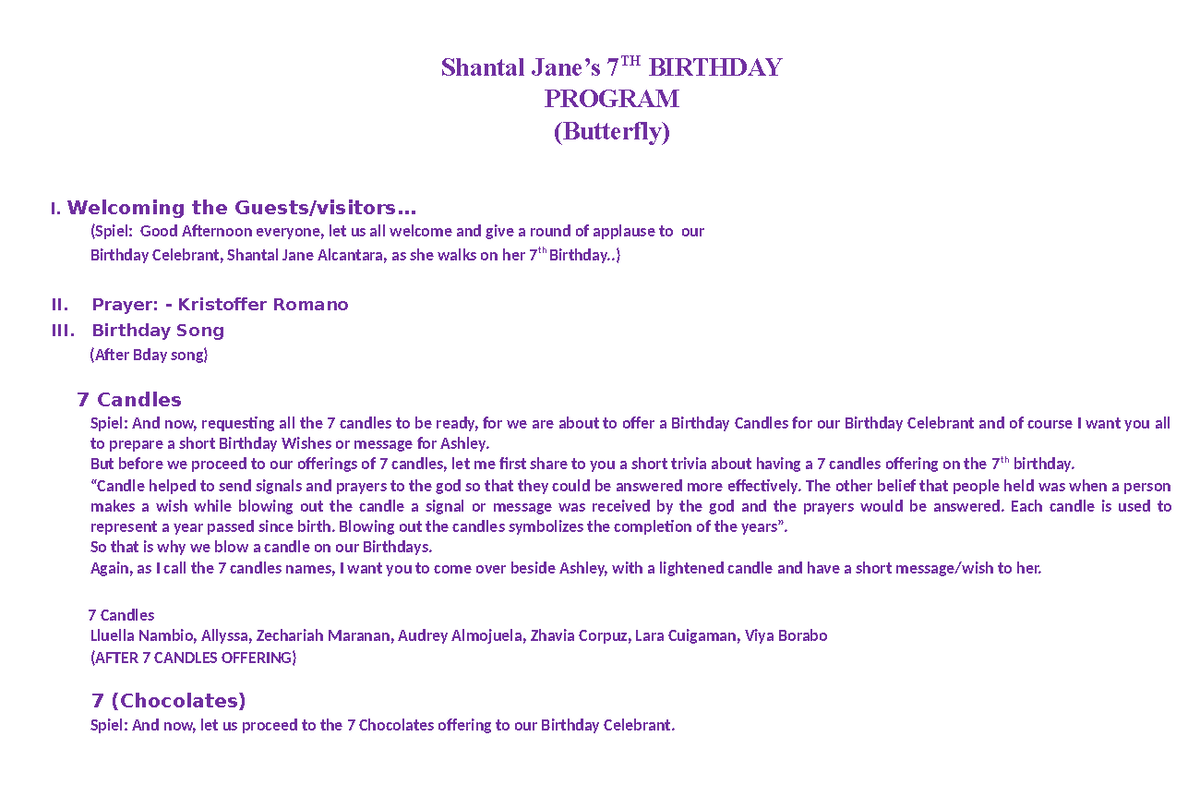 7th Birthday Celebration Program Template for Shantal Jane - Studocu