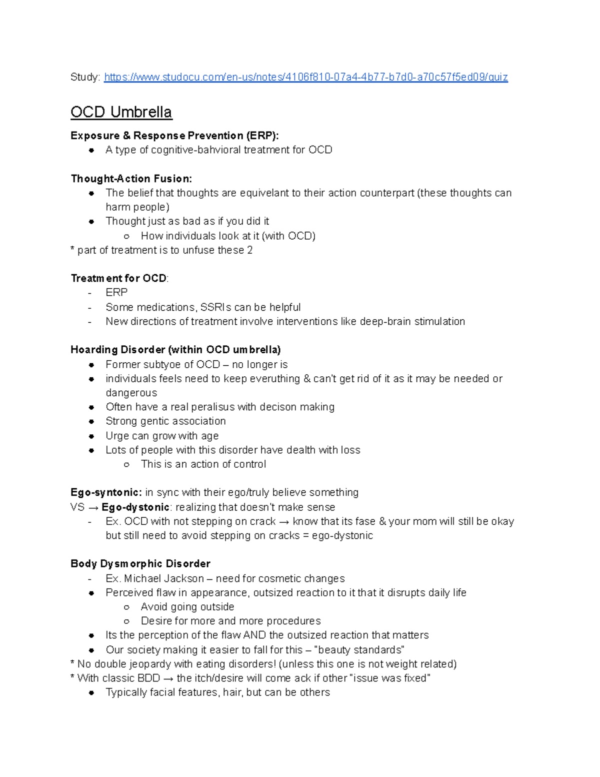 Psych Disorders Class Notes - Exam 2 Overview: OCD & Mood Disorders ...