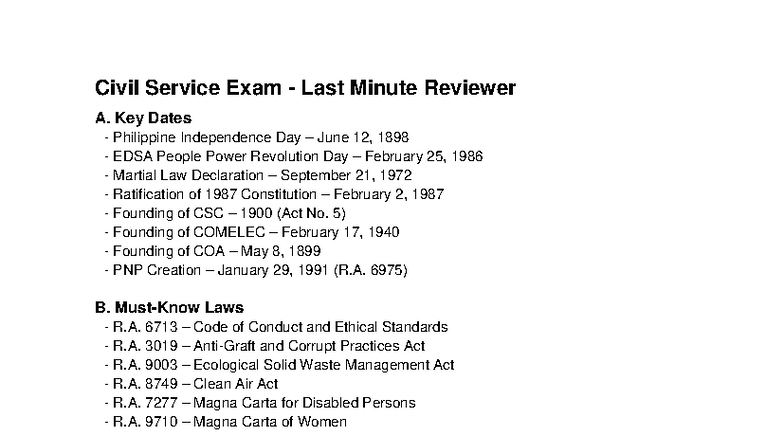 CSE Last Minute Reviewer: Key Dates, Laws, Symbols & Tips - Studocu