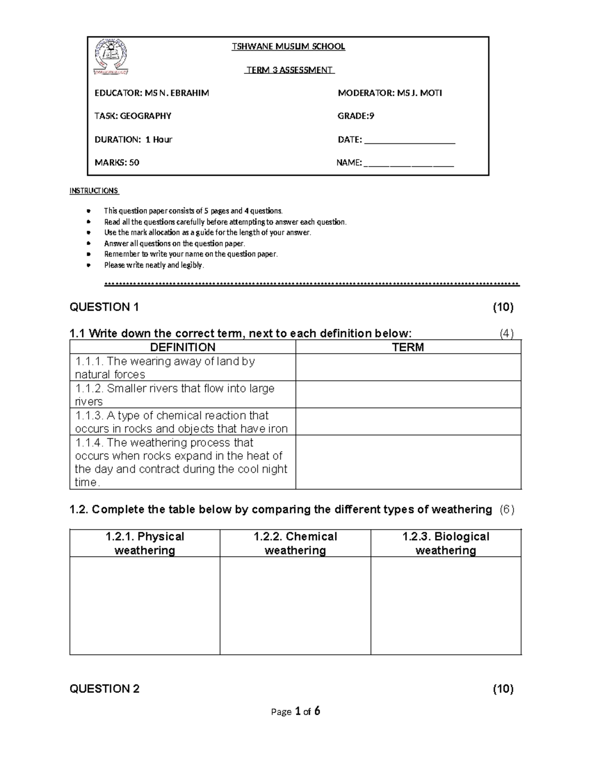 Grade 9 TEST -GEO - to help with map work - 0 INSTRUCTIONS This ...
