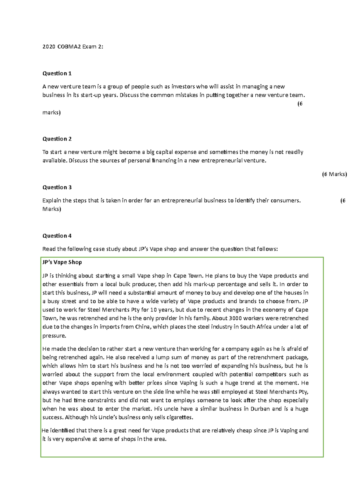 2020 COBMA2 exam 2 - 2020 BUSINESS 2A EXAM PAPER REVISION - 2020 COBMA2 ...