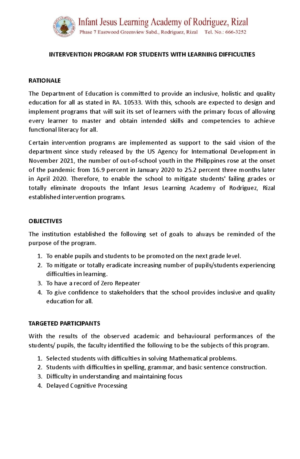 Intervention Program FOR Students WITH Learning Difficulties - INTERVENTION PROGRAM FOR STUDENTS ...