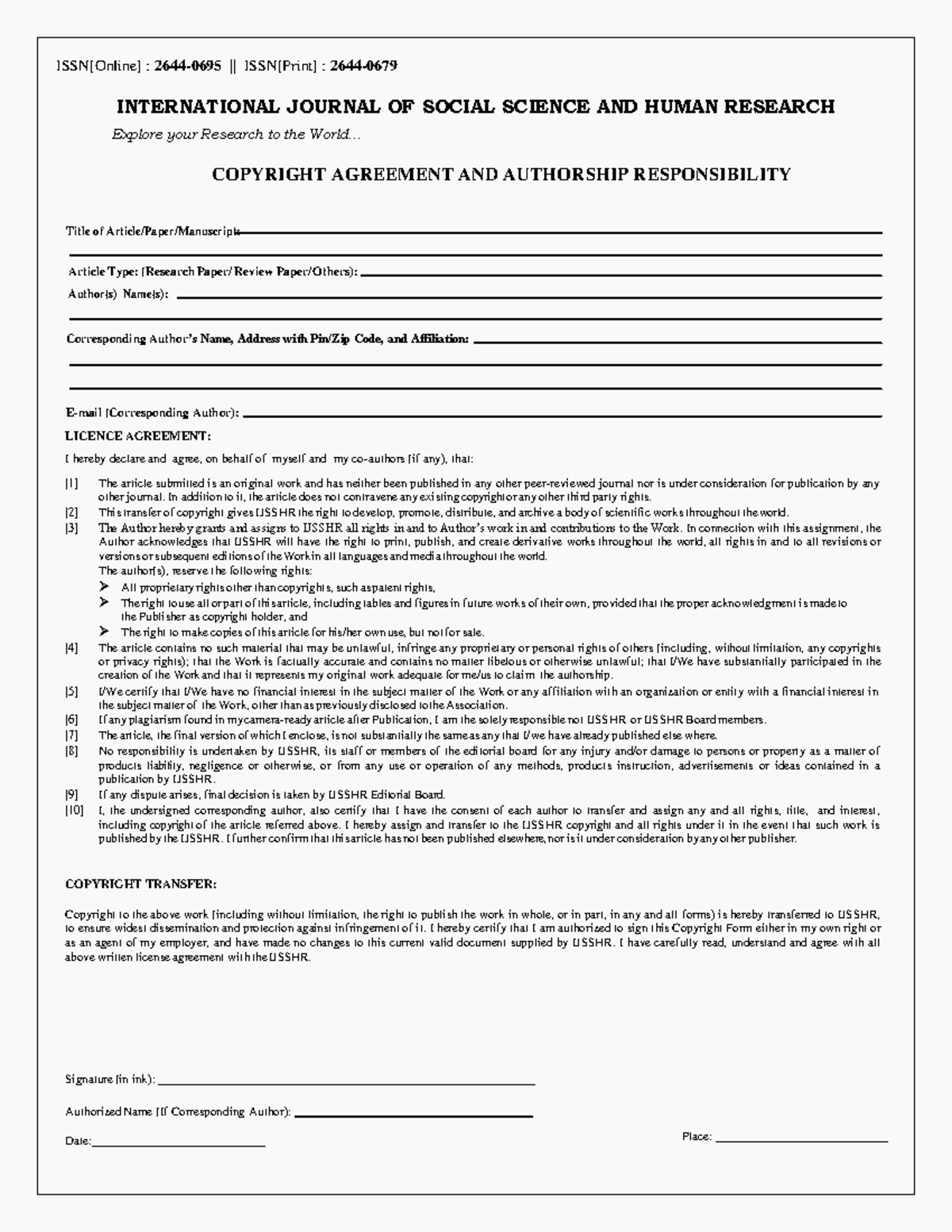 Copyright Agreement and Authorship Responsibility for IJSSHR - Studocu