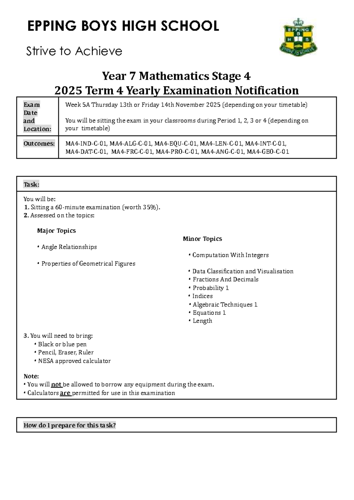 2025 Yr 7 Math Stage Y Term 4 Exam Notification - Studocu