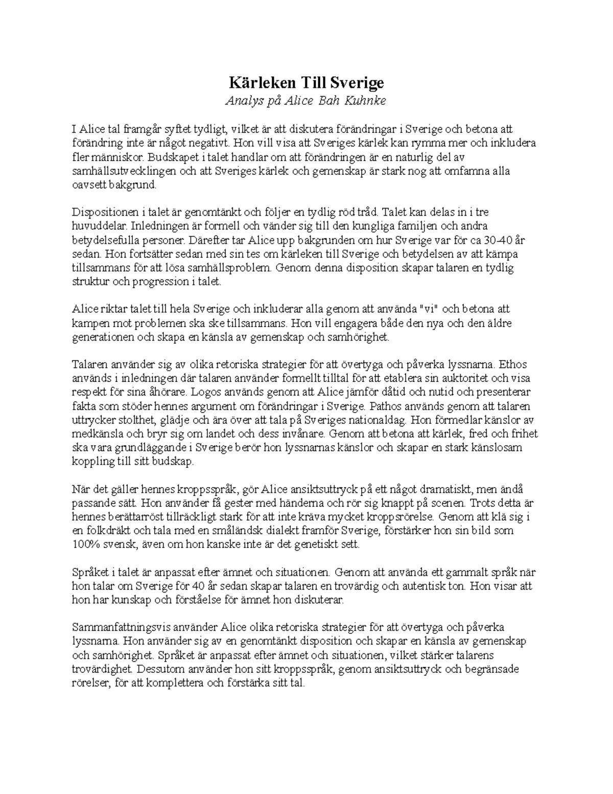 Retorisk analys av Alice Bah Kuhnkes tal om Sverige - Studocu