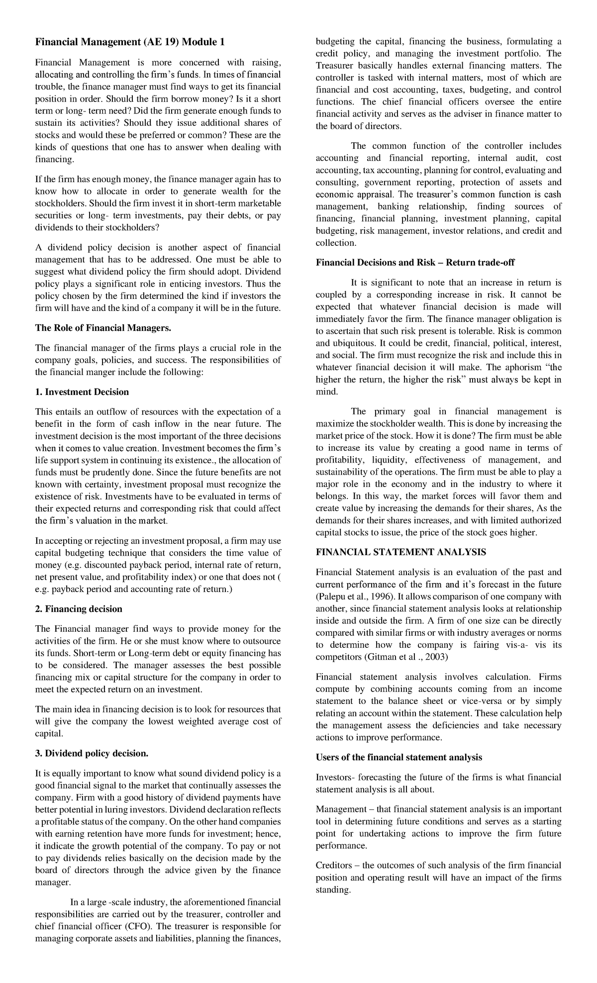 Financial Management (AE 19) Module 1: Key Concepts and Analysis - Studocu