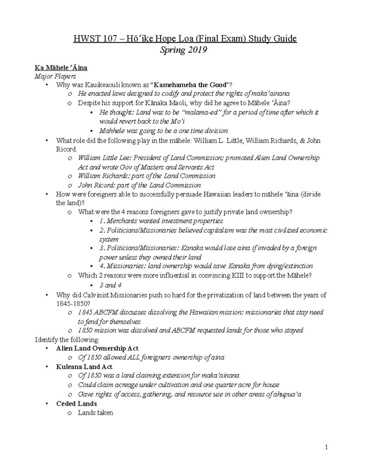 HWST Final Exam Study Guide - SP2019 - HWST 107 – Hōʻike Hope Loa (Final Exam) Study Guide ...