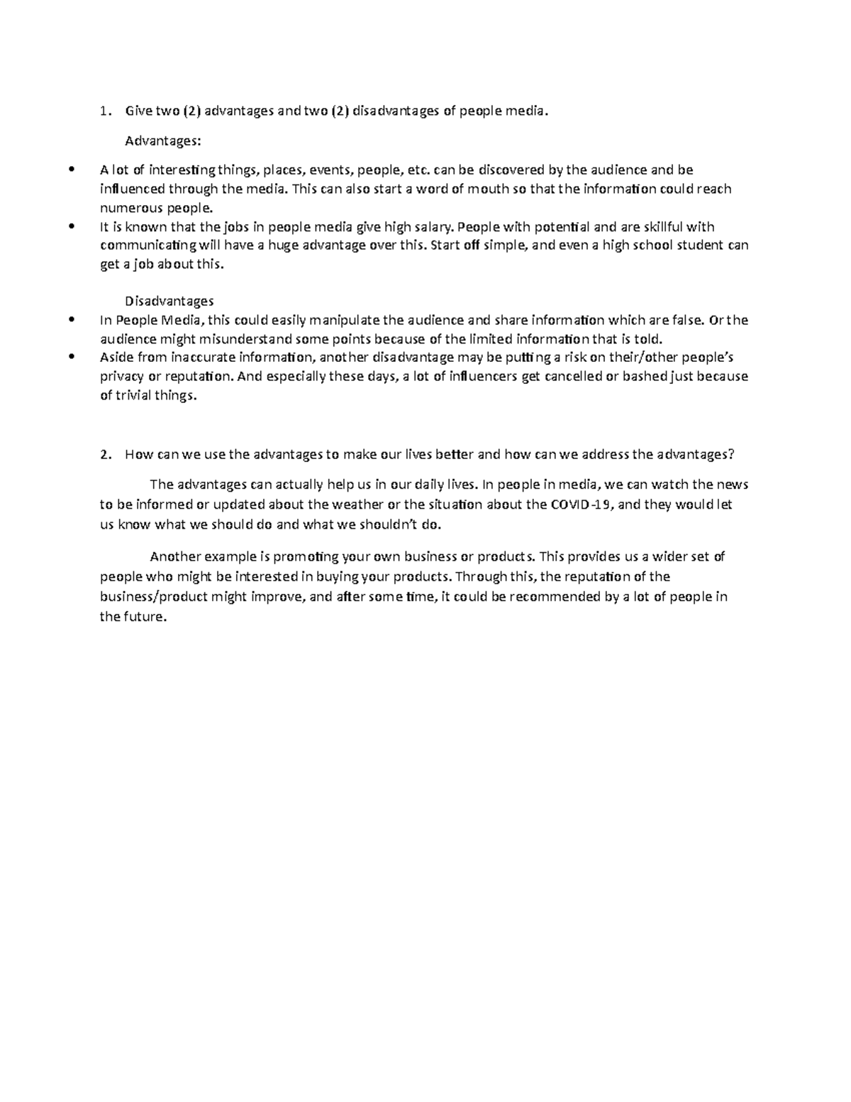 MIL - Advantages and Disadvantages of People Media - Studocu