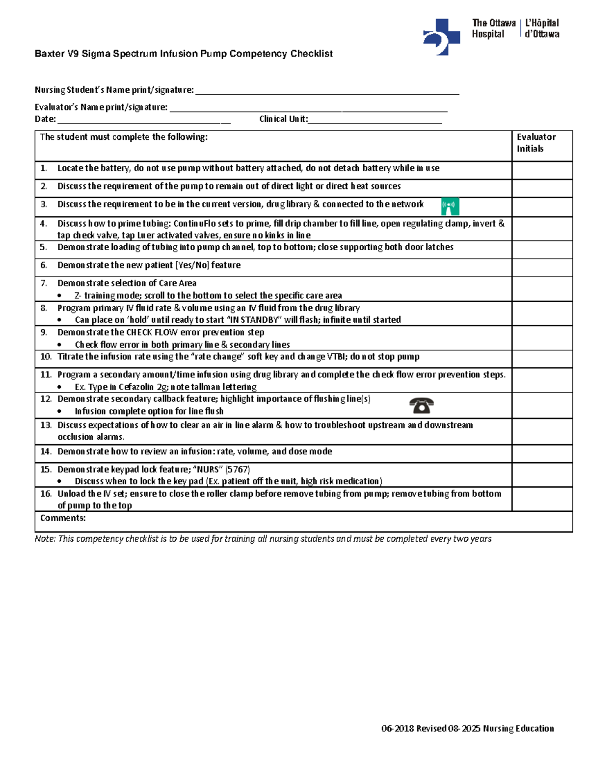 Baxter V9 Sigma Spectrum Infusion Pump Competency Checklist - Nursing ...