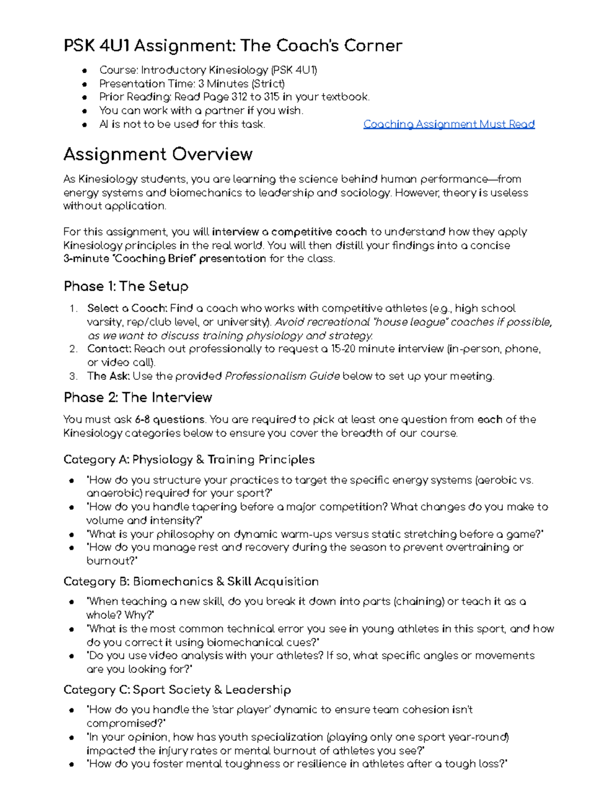 PSK 4U1 Assignment: The Coach's Corner Presentation Guide - Studocu