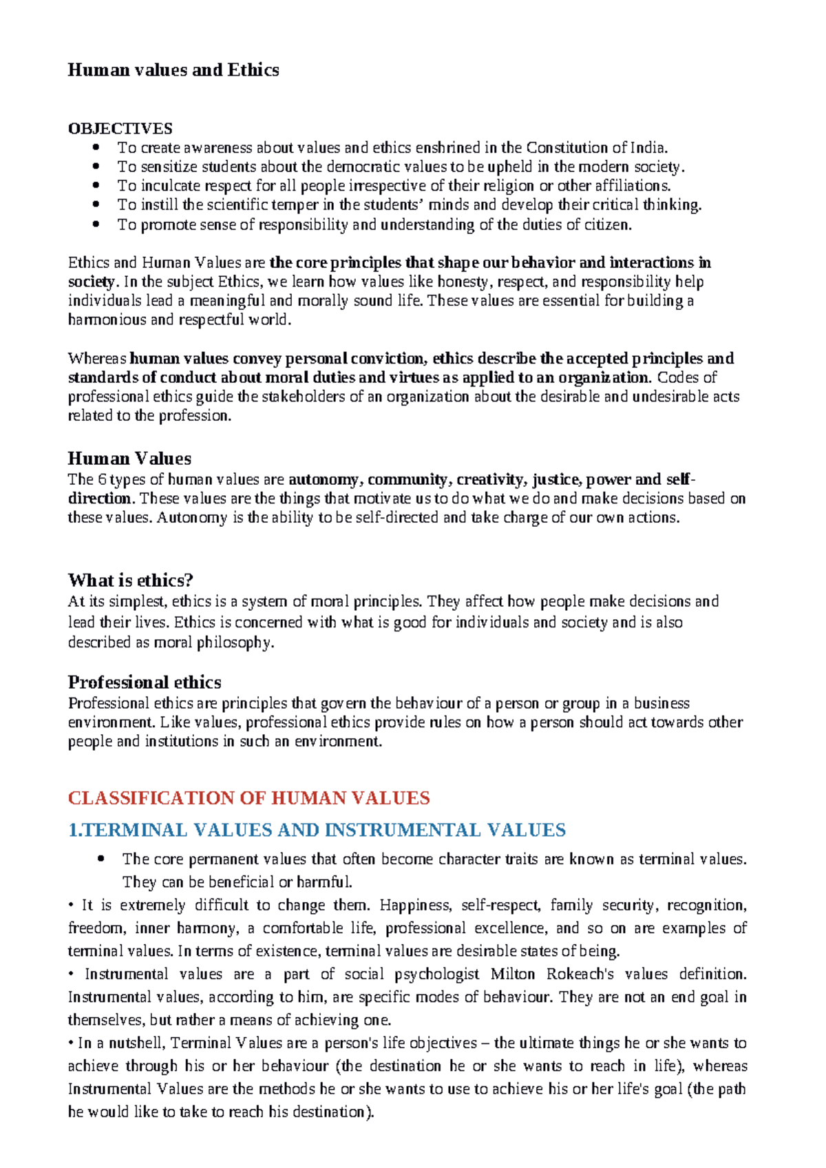 Ethics and Human Values: CAT 1 Notes for Open Elective Course - Studocu