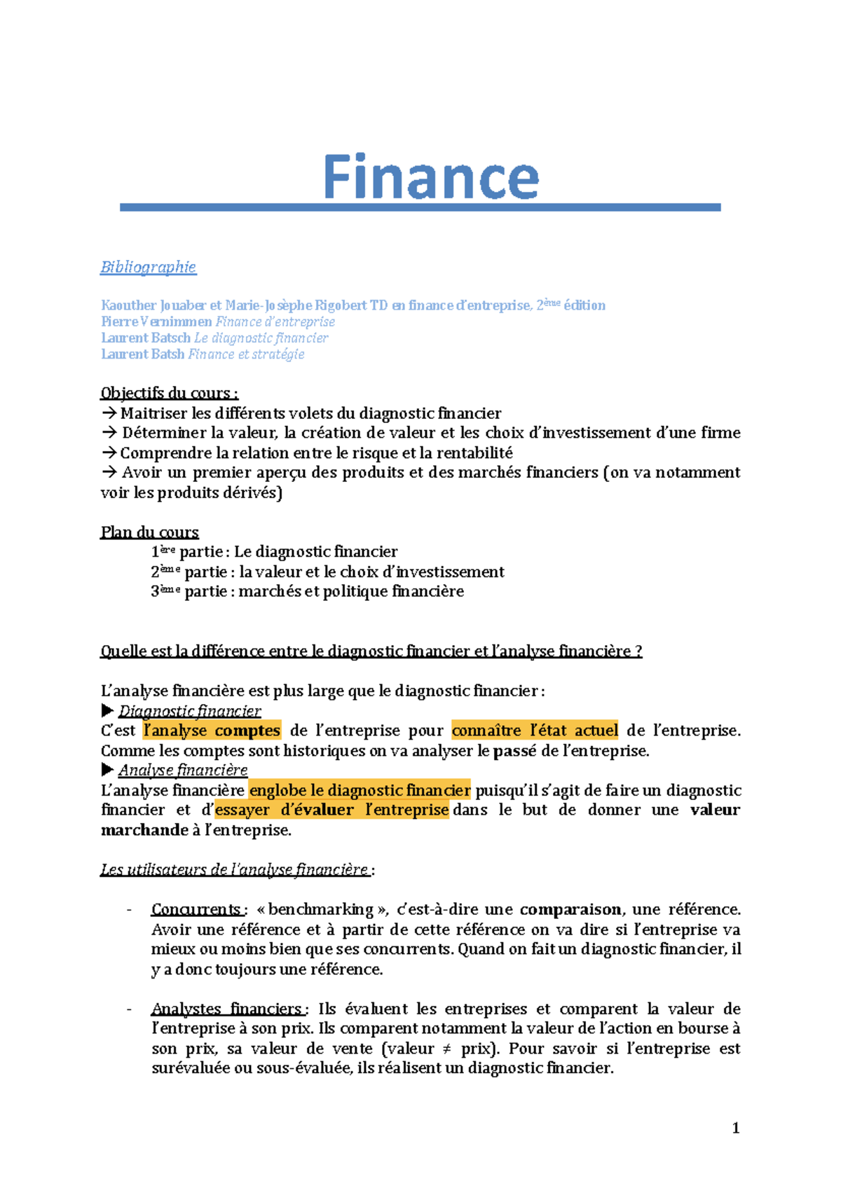 Cours 1 - fiche - !!!! Finance!!!!! ! ! Bibliographie, ! - Studocu