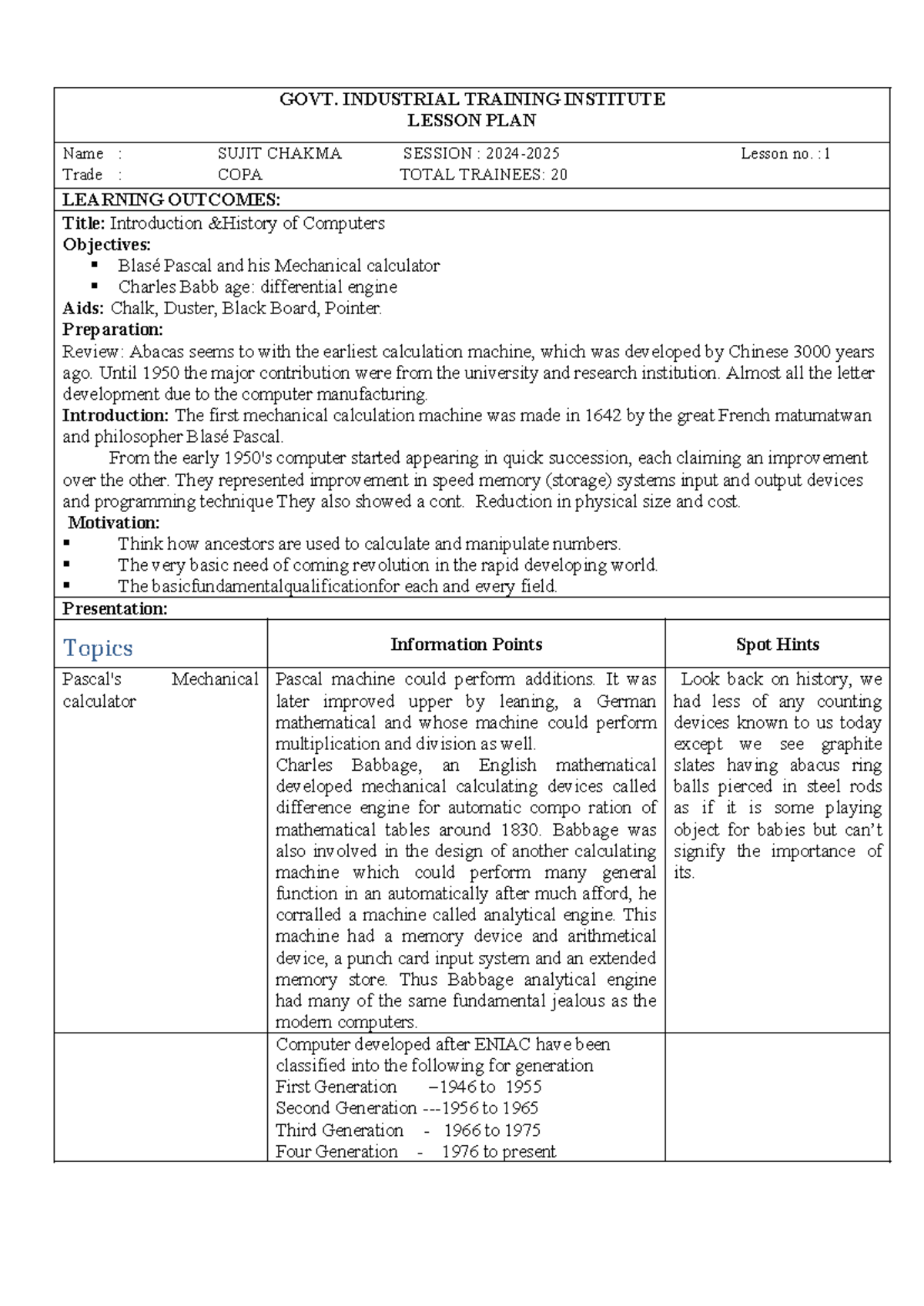GOVT. ITI Lesson Plan: Introduction to Computers (Trade: COPA) - Studocu