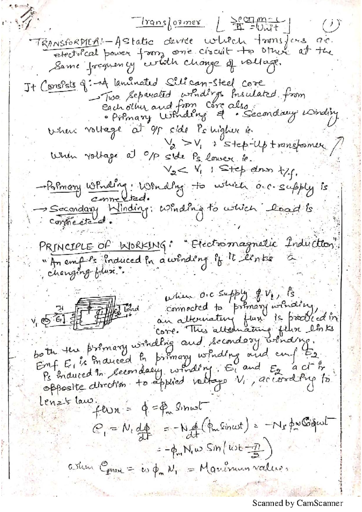 Transformer L II Unit 1: Principles, Construction, and Operation - Studocu