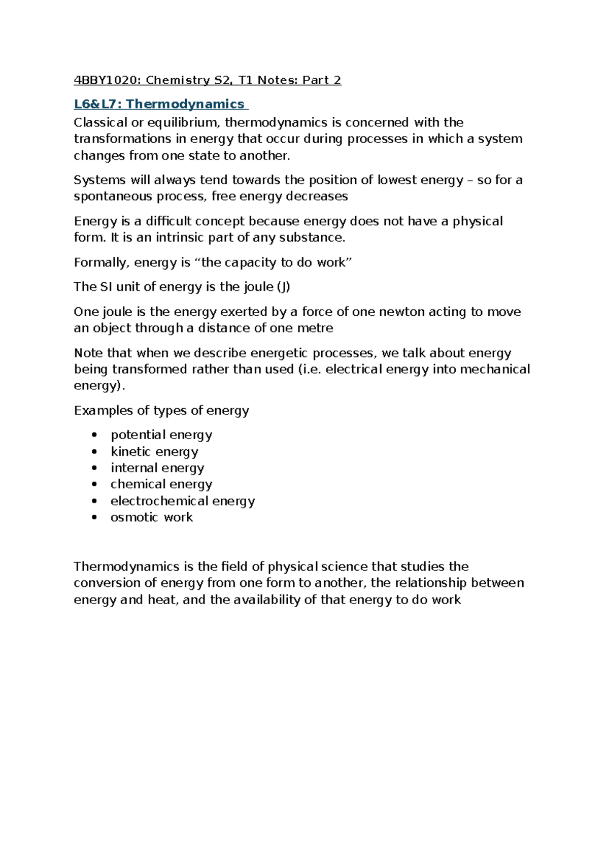 4BBY1020: Chemistry S2, T1 Notes - Thermodynamics Overview Part 2 - Studocu
