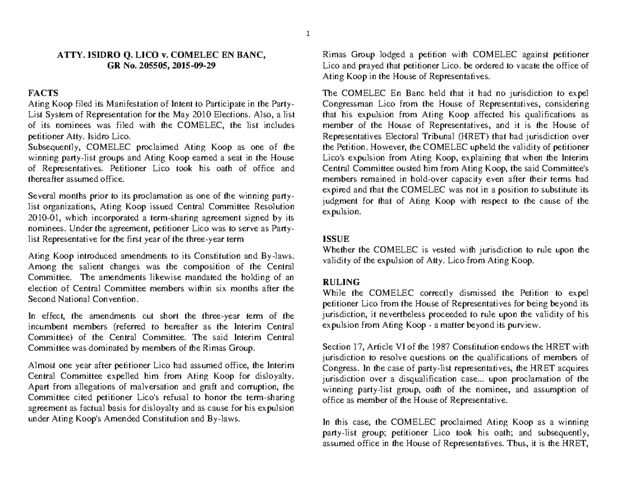 Lico vs. Comelec - 1 ATTY. ISIDRO Q. LICO v. COMELEC EN BANC, GR No ...