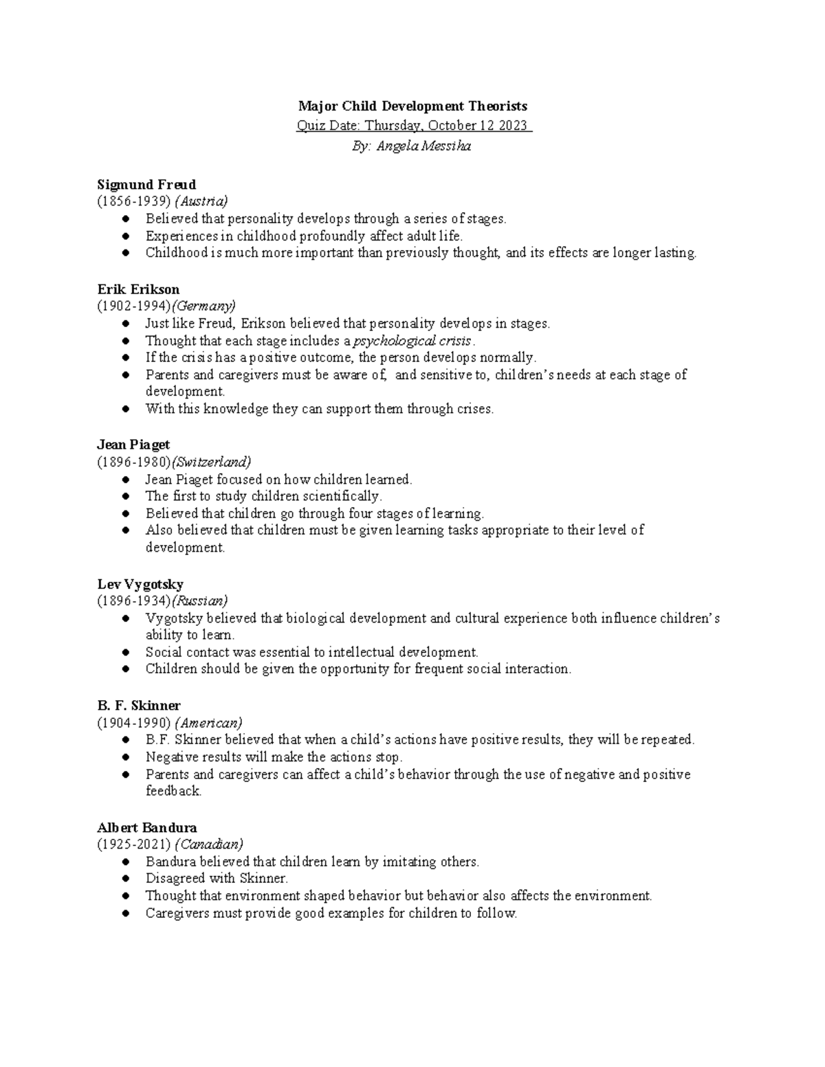 Child Development Theorists Quiz Study Guide (CHD101) - Studocu