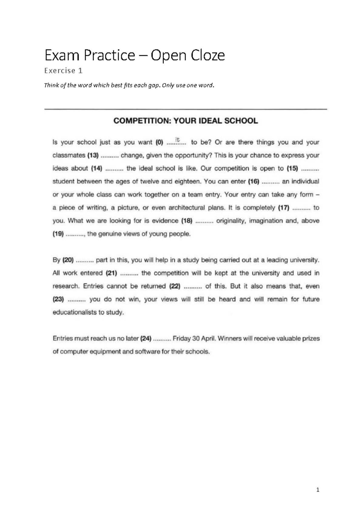 FCE Exam Practice: Open Cloze Exercises 1-10 - Studocu
