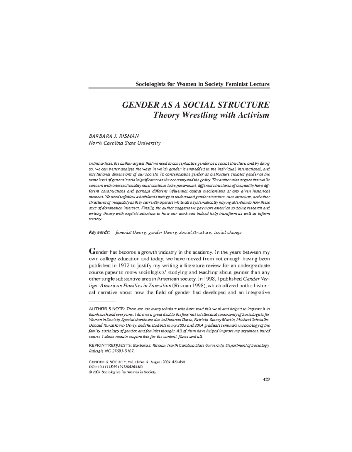 Gender as a Social Structure: Lecture Notes for SOC 101 Course - Studocu