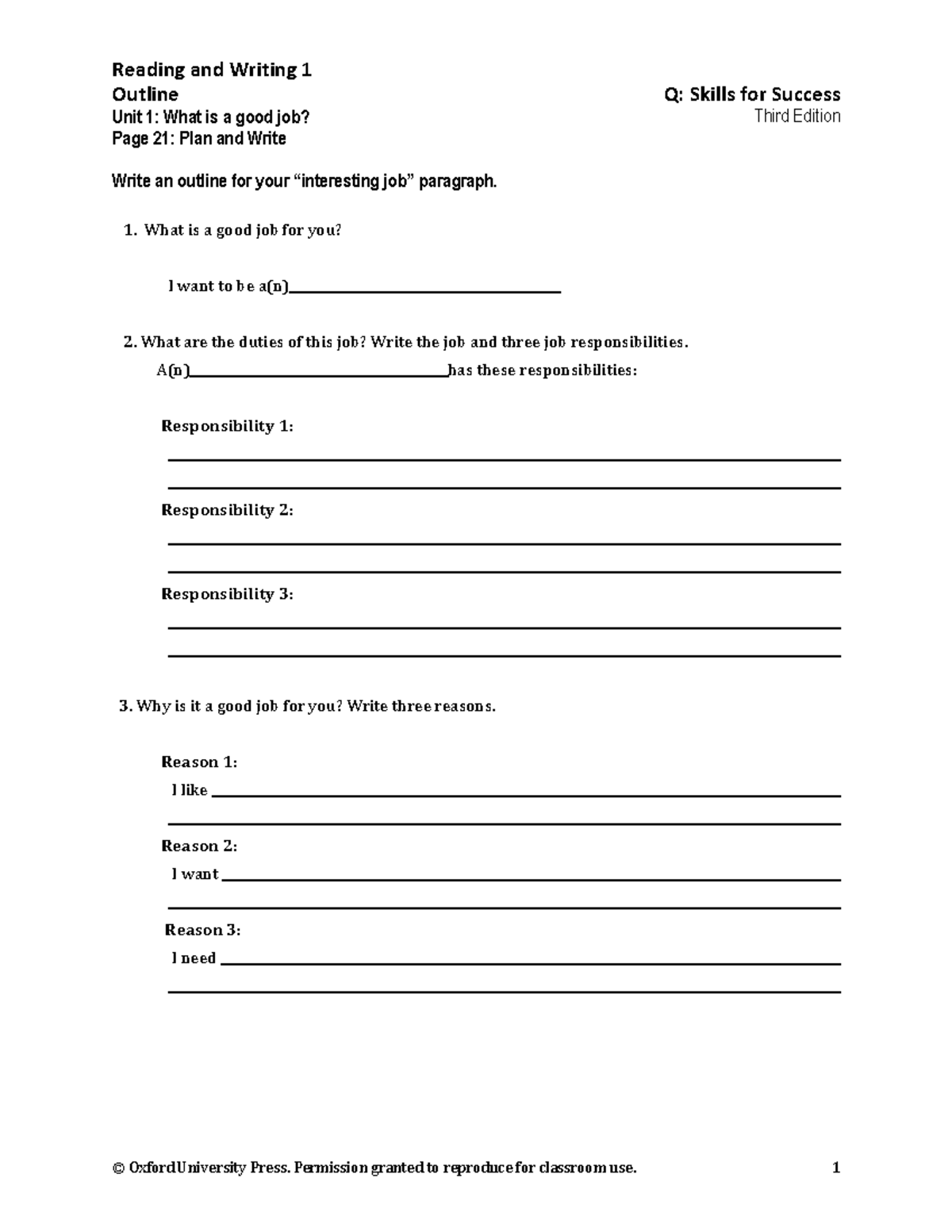 RW1 U01 Outline - Exploring a Good Job: A Writing Guide - Studocu