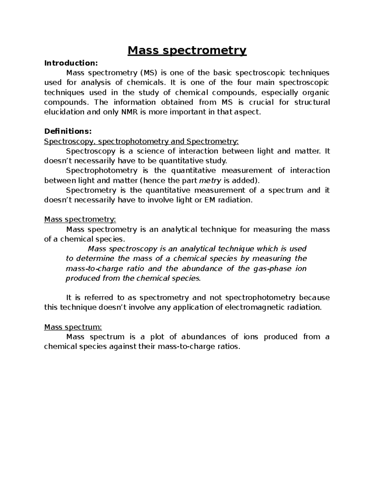 Mass Spectroscopy - Mass spectrometry Introduction: Mass spectrometry ...