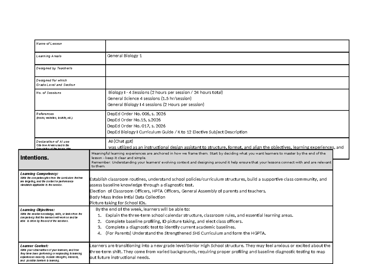 Sample DLL ILAW: General Biology I Lesson Plan for Grade 10 - Studocu