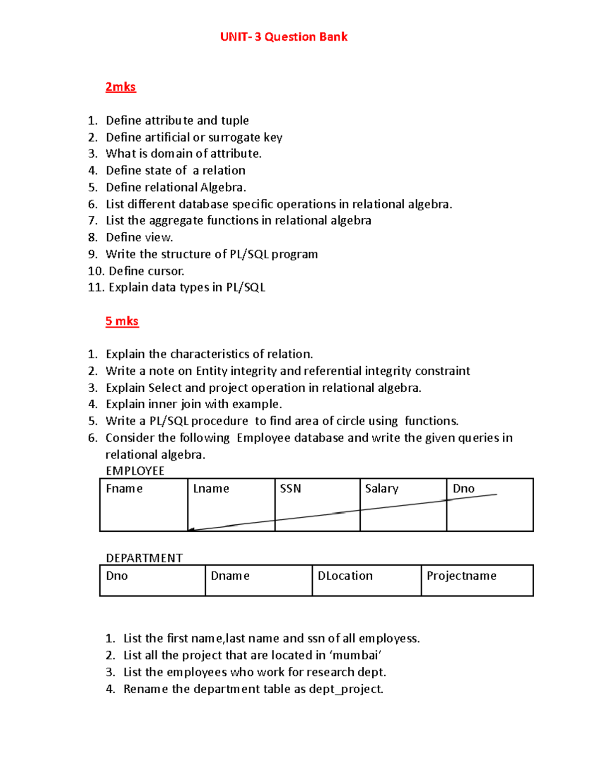 DBMS Question Bank: Key Concepts & Relational Algebra Queries - Studocu