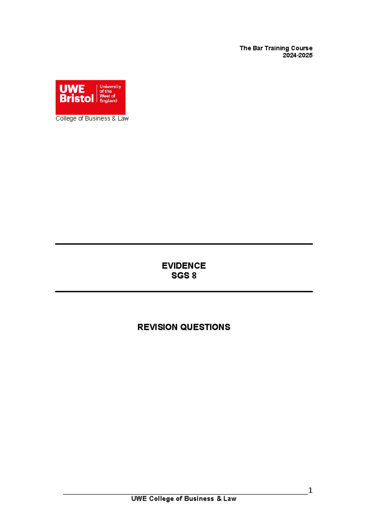 The Bar Training Course: Evidence Revision Questions (SGS 8) - UWE ...