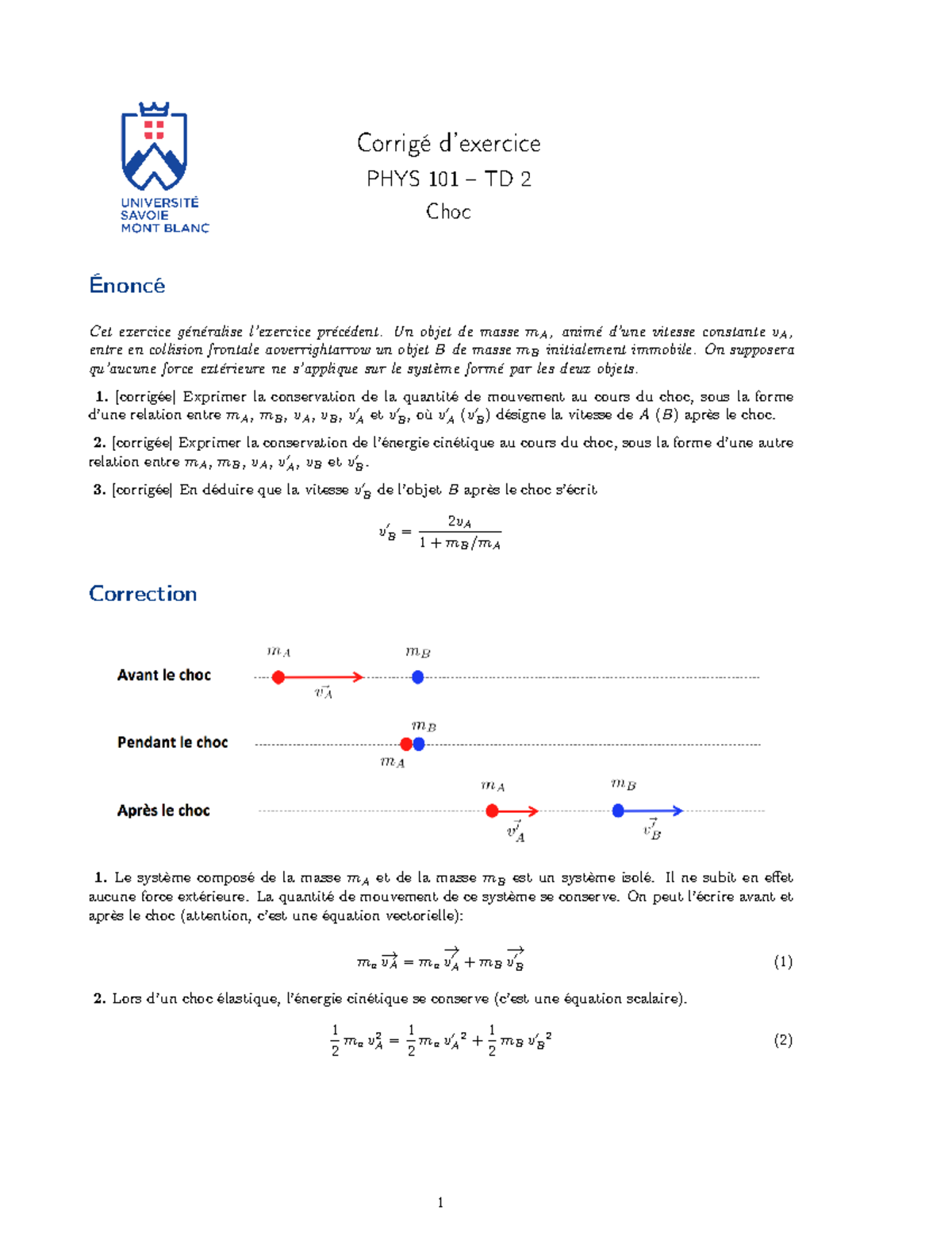 TD2 exo Chocs élastiques corrigé - Corrigé d’exercice PHYS 101 – TD 2 Choc Énoncé Cet exercice ...
