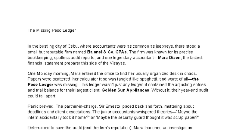 The Case of the Missing Peso Ledger: A Balansi Co. CPA Mystery - Studocu