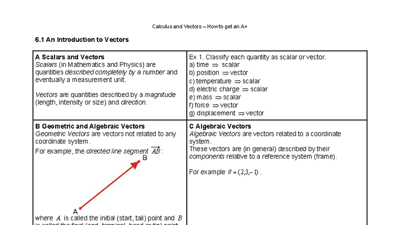 Calculus and Vectors (MATH101) 6.1 Intro to Vectors Handout Solutions ...