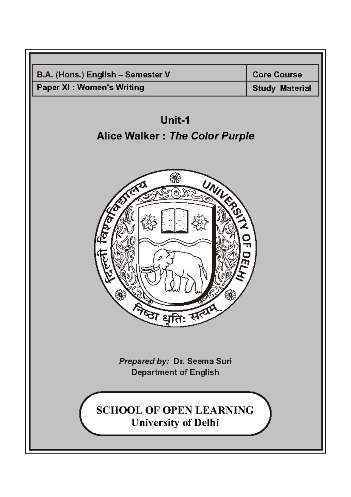 Unit 1 Study Guide: Alice Walker's The Color Purple - BA English Sem V ...