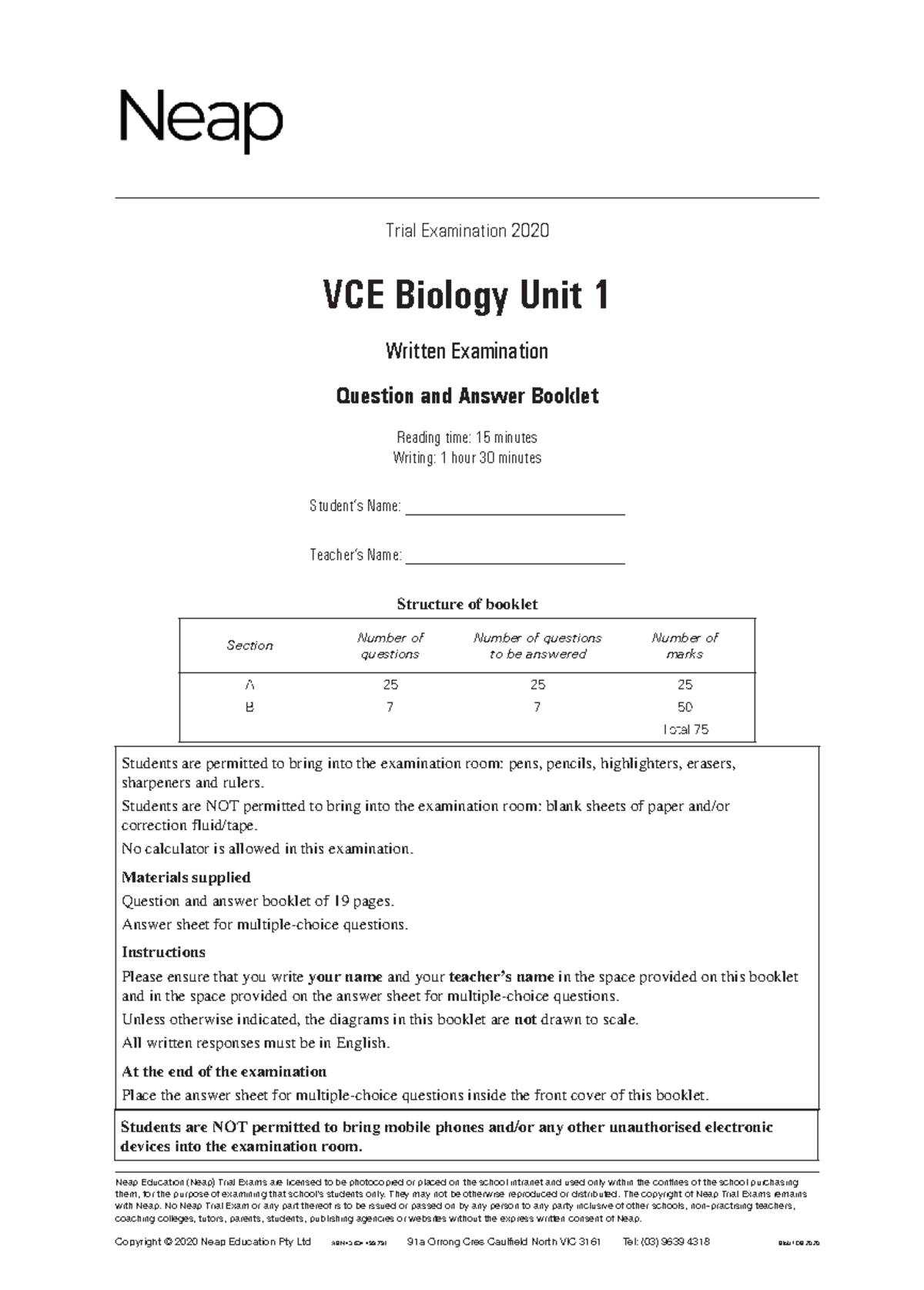 2022 NEAP VCE Biology Unit 1 Trial Examination Question & Answer ...