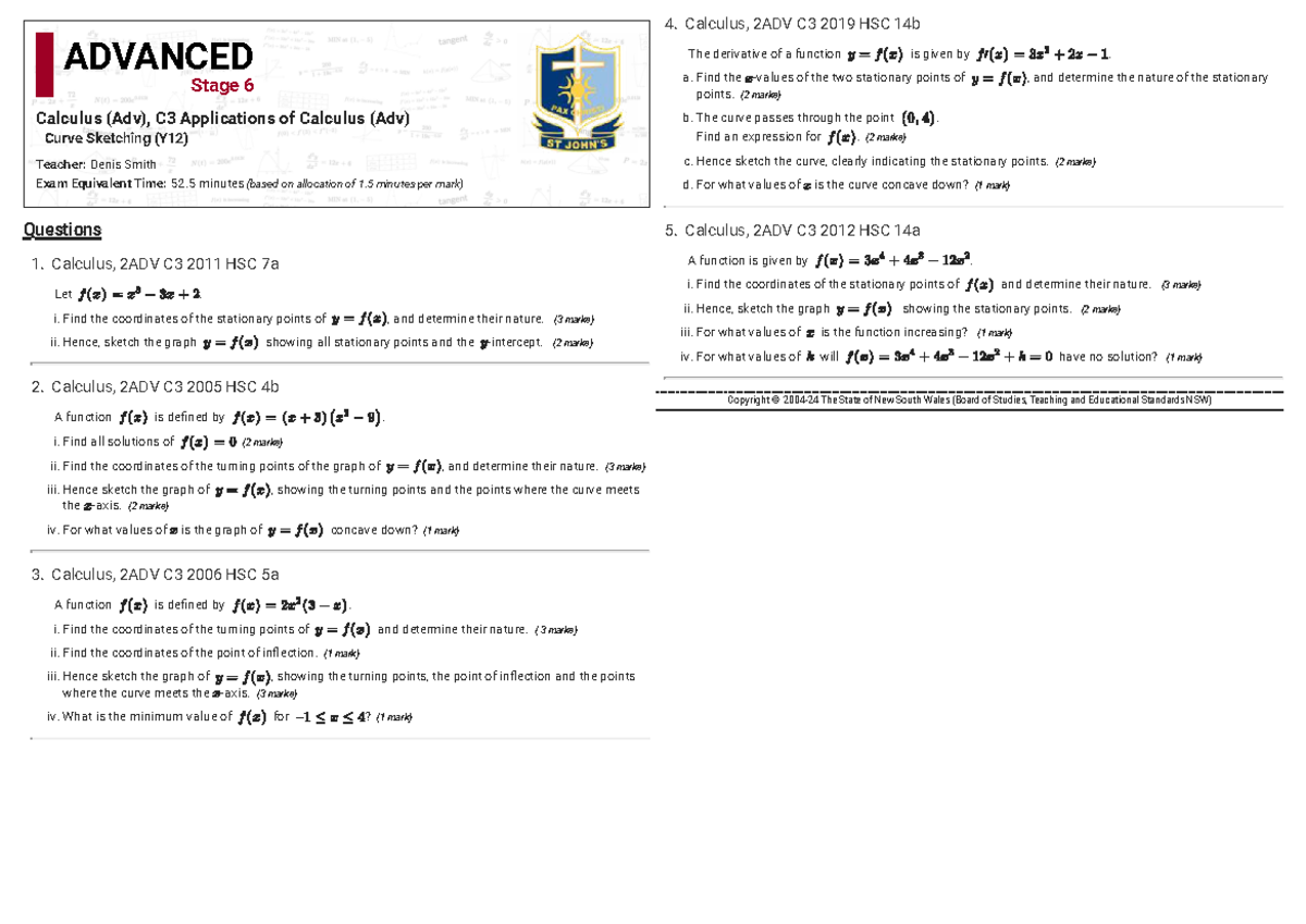 Graphing using 1st and 2nd derivatives - 1. Calculus, 2ADV C3 2011 HSC ...