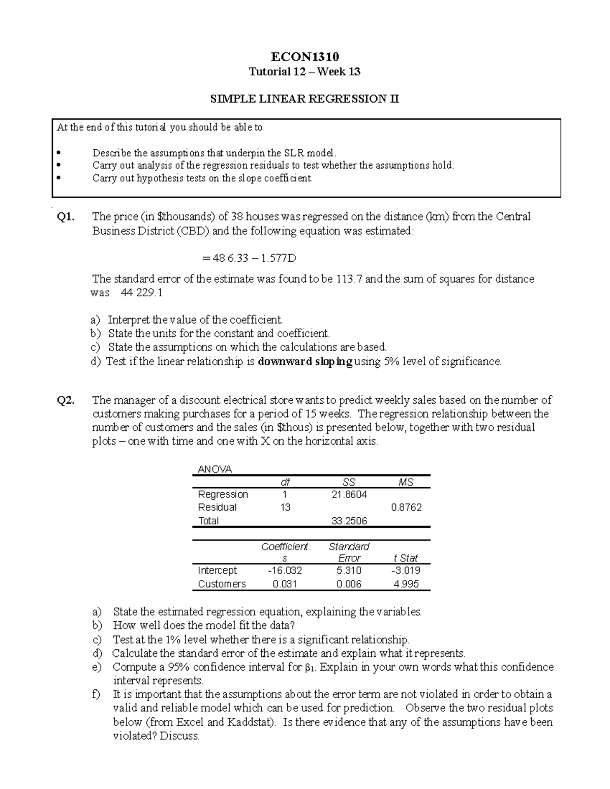 ECON1310 Tutorial 12 - Simple Linear Regression Practice Guide - Studocu