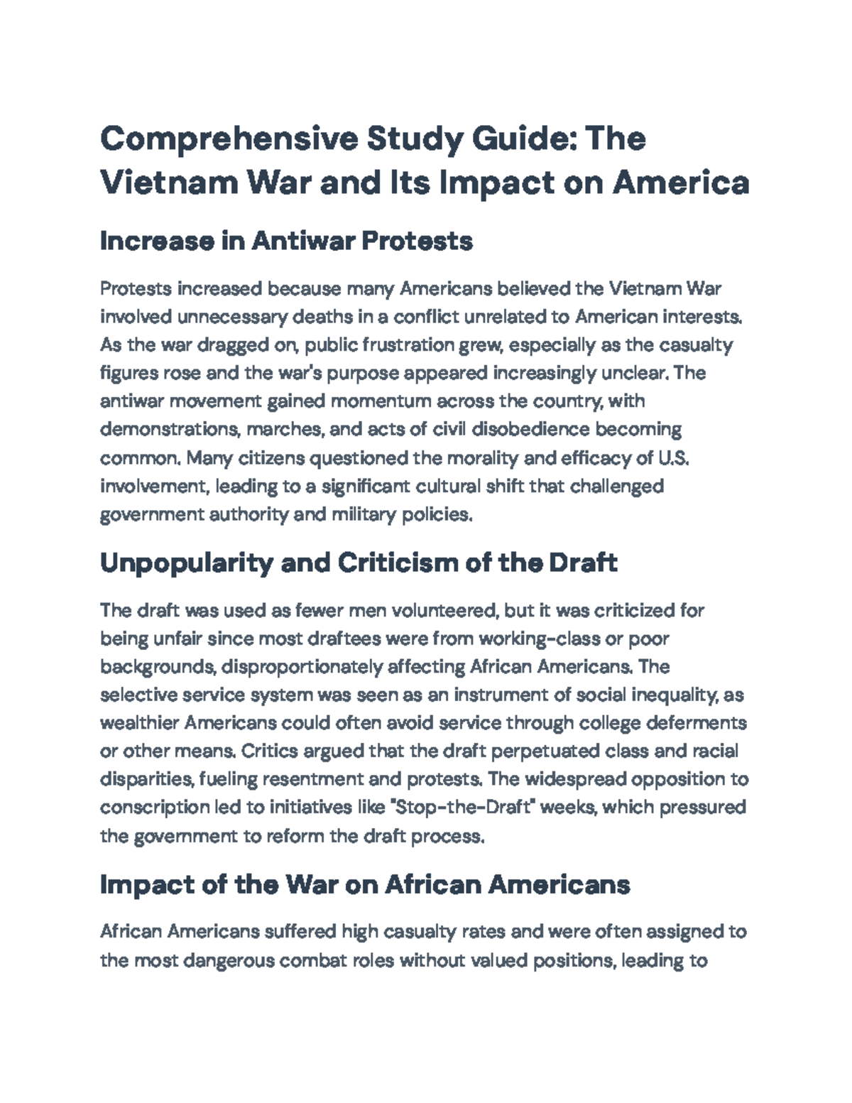 Comprehensive Study Guide: The Vietnam War's Impact on America - Studocu